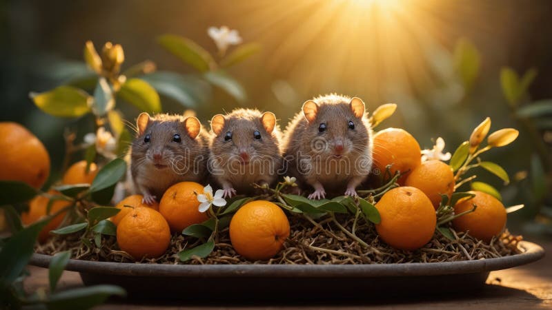 Three Cute Brown Rats Sitting Amongst Oranges in Sunlight Stock ...