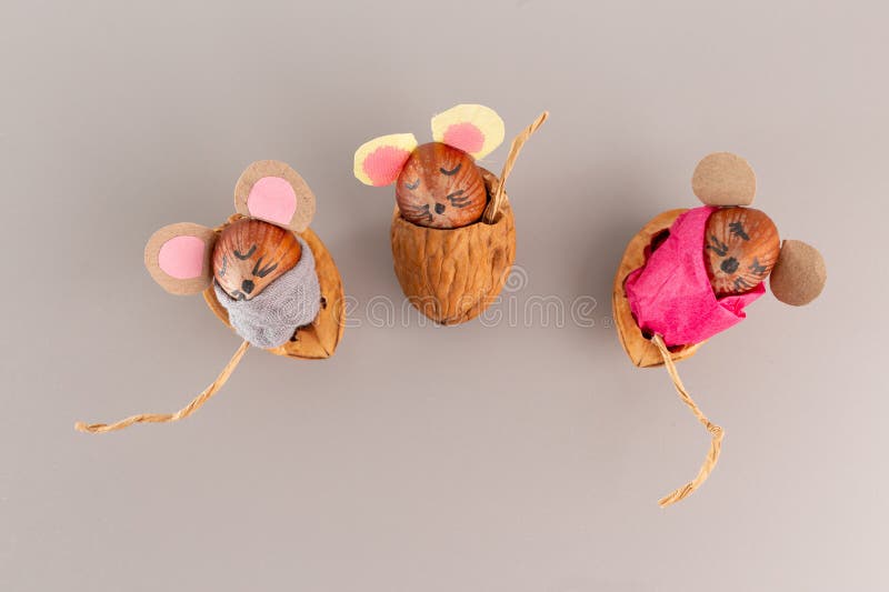 Three Adorable Handmade Crafts Resembling Mice, Created from Hazelnuts ...