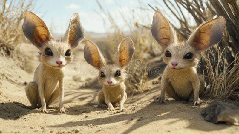 Three Adorable Jerboas in a Sunny Desert Setting Stock Illustration ...