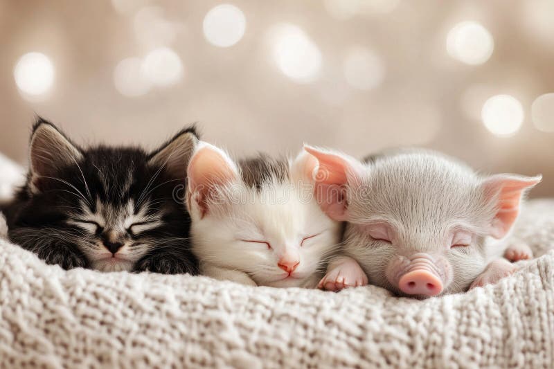 Three Adorable Kittens and a Piglet Sleeping Peacefully Together on a ...