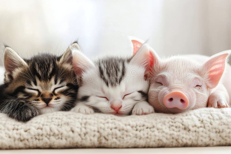 Three Adorable Kittens and a Piglet Sleeping Peacefully Together on a ...