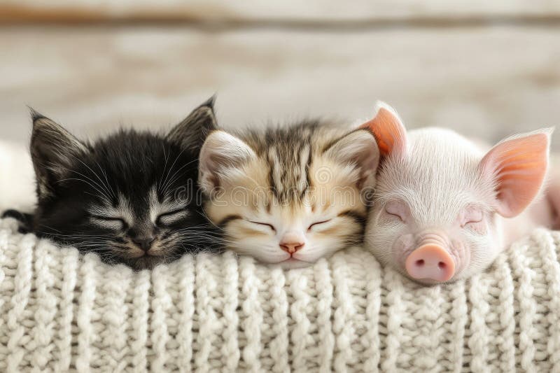 Three Adorable Kittens and a Piglet Sleeping Peacefully Together on a ...