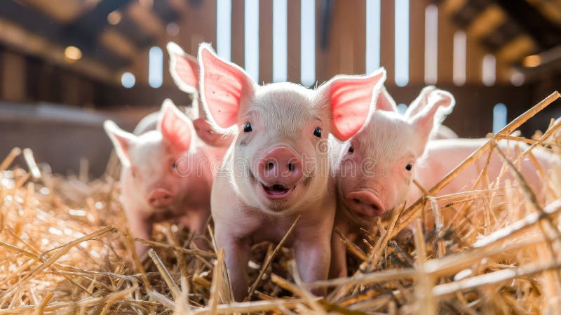 Three Adorable Light Pink Piglets Playing in Straw, Capturing the Joy ...