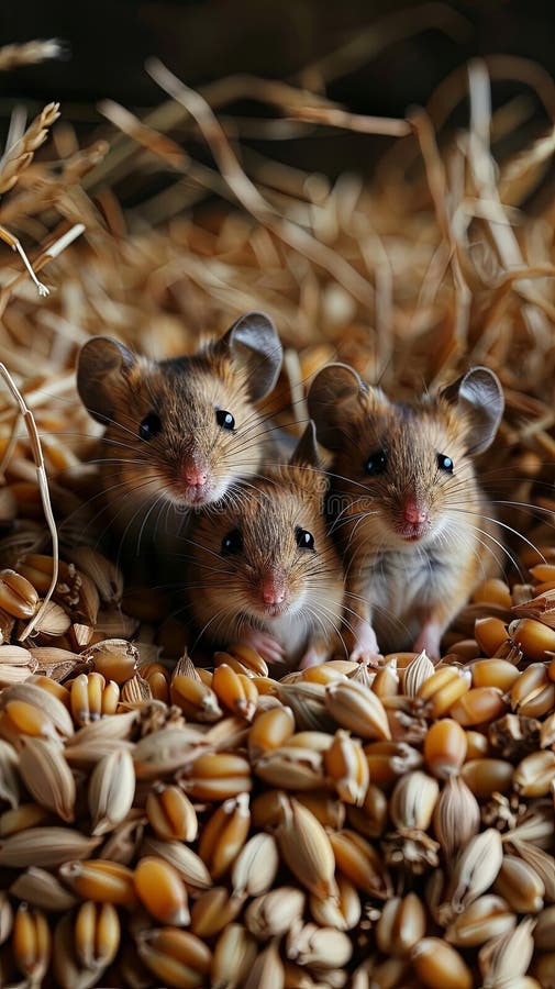 Three Adorable Mice Huddle in a Pile of Grain during the Day Stock ...