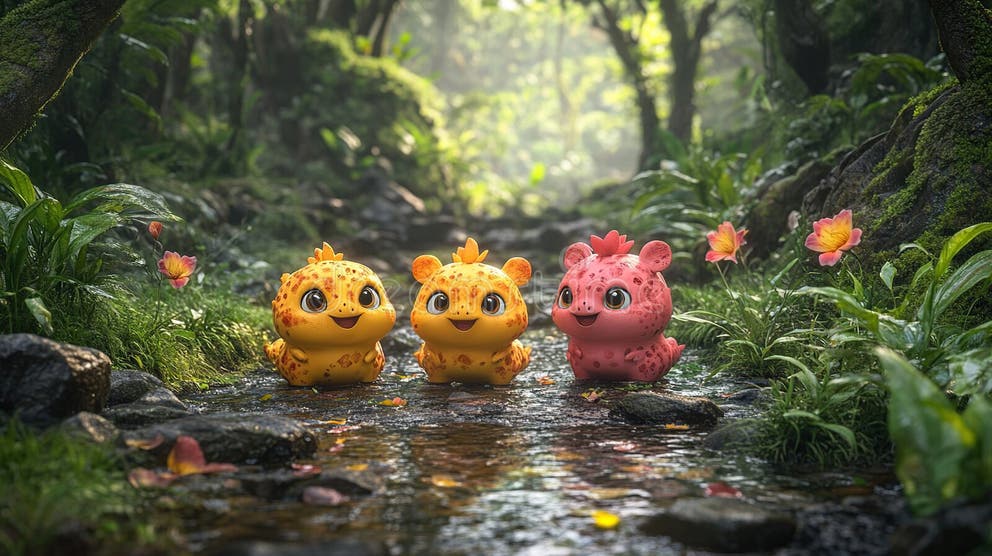 Three Adorable, Playful Creatures in a Lush Jungle Stream Stock ...