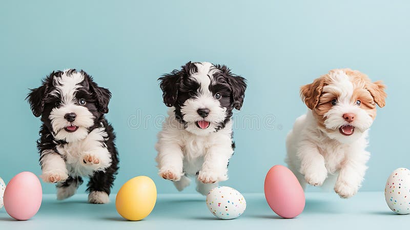 Three Adorable Puppies Jumping Over Easter Eggs on Light Blue ...