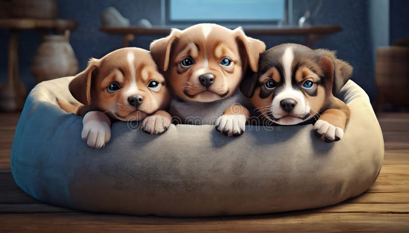 Three Adorable Puppies on a Puppy Bed Stock Illustration - Illustration ...