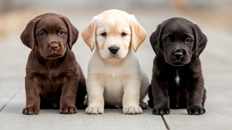 Three Adorable Puppies Sitting on a Wooden Surface Looking Curiously ...