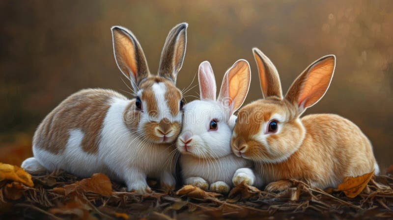 Three Adorable Rabbits Huddled Together on Autumn Leaves Stock ...
