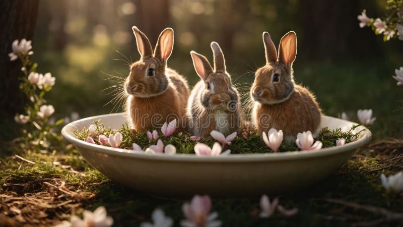 Three Adorable Baby Rabbits in a Bowl with Spring Blossoms Stock ...