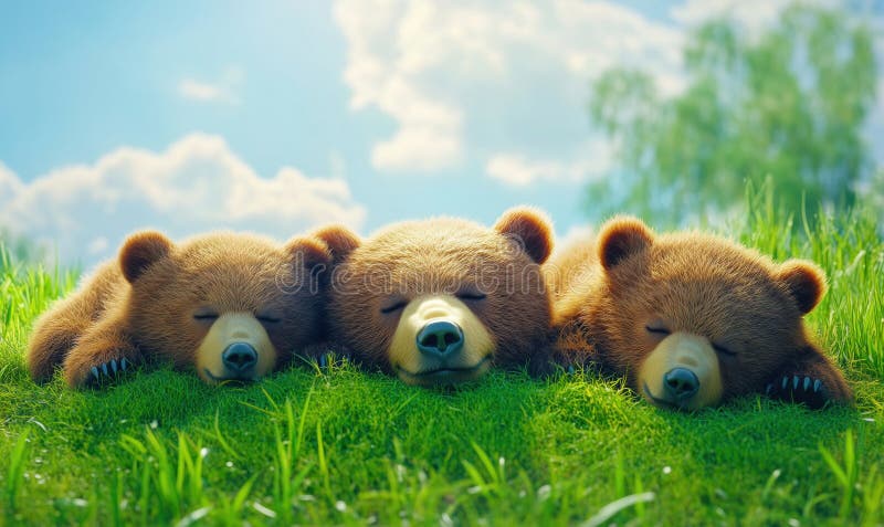 Three Adorable Sleeping Bear Cubs Resting Peacefully on Green Grass ...
