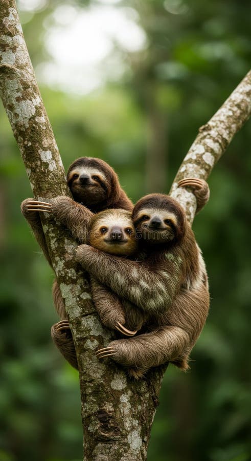 Three Adorable Sloths Huddled on a Tree Trunk Stock Illustration ...