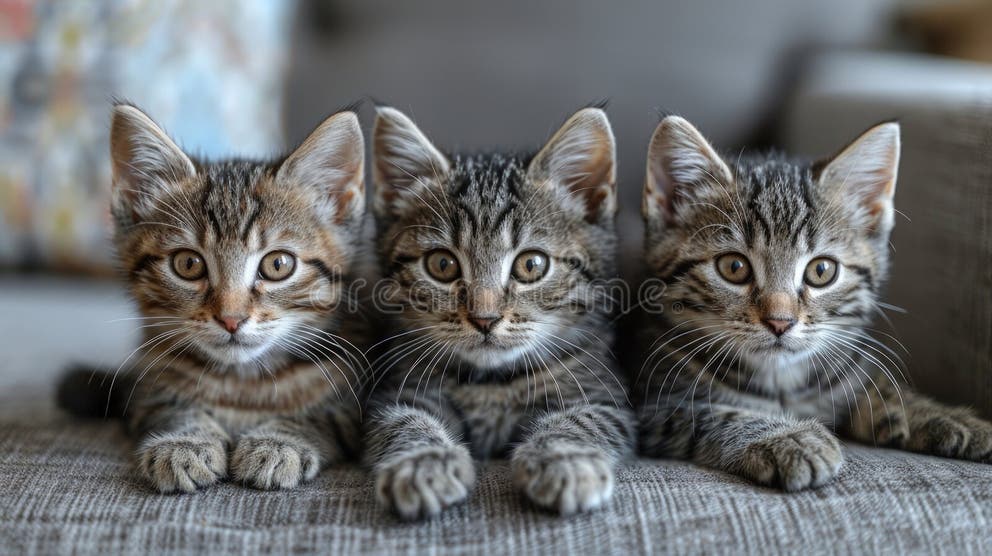Three Adorable Tabby Kittens Cuddle Together on a Couch Stock Photo - Image of family, cuddle ...