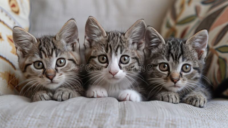Three Adorable Tabby Kittens Cuddle Together on a Couch Stock Image ...