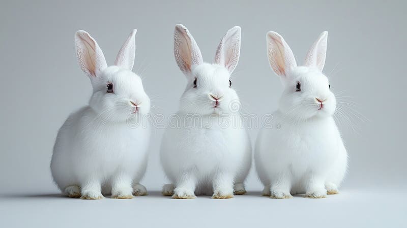 Three Adorable White Bunnies Sitting Side-by-side Against a Light Gray ...