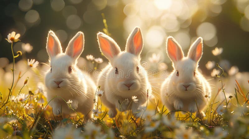 Three Adorable White Rabbits in a Field of Flowers - Generative Ai ...