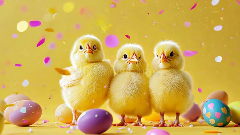 Three Adorable Yellow Chicks Standing among Colorful Eggs and Confetti ...