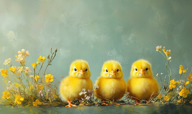 Three Adorable Yellow Chicks Surrounded by Wildflowers on Soft Pastel ...