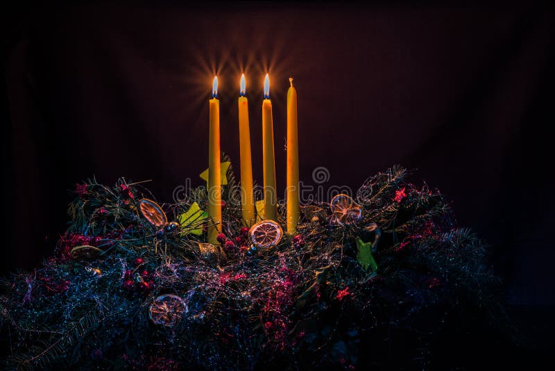 5 Candles Burning on Tradition Christian Advent Wreath, Black ...