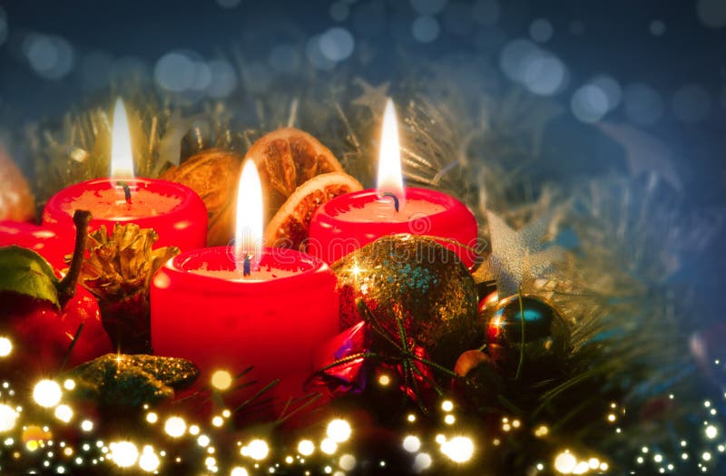Three Advent Candles with Decorations Isolated on Lights Background ...