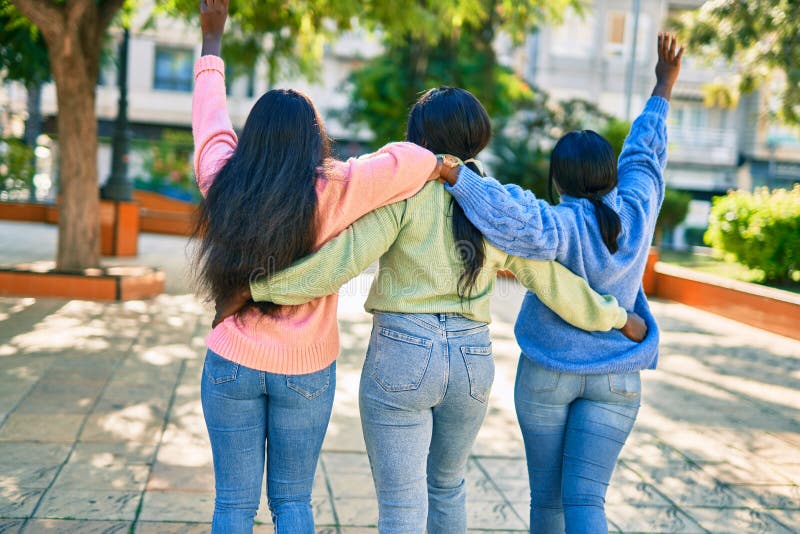 Three African American Friends on Back View Walking at the Park Stock ...