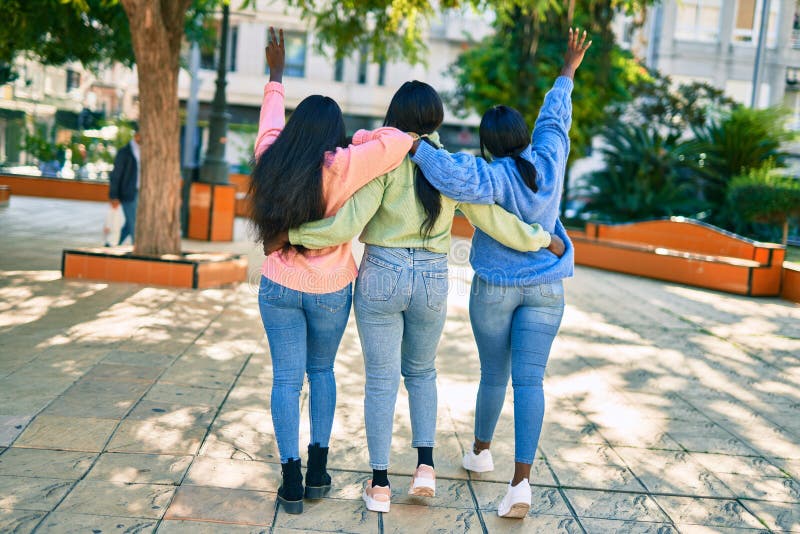 Three African American Friends on Back View Walking at the Park Stock ...