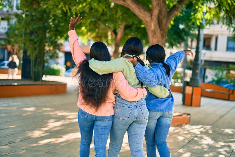 Three African American Friends on Back View Walking at the Park Stock ...
