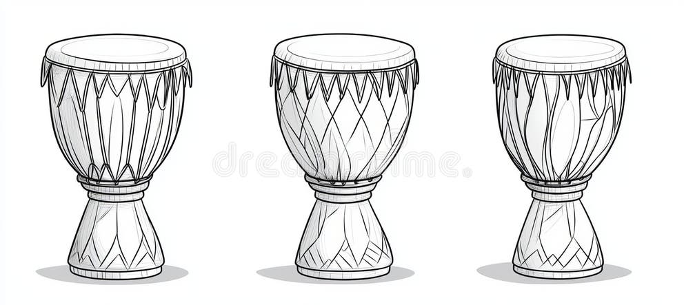 Three African Djembe Drums Drawings with Different Patterns, Musical ...