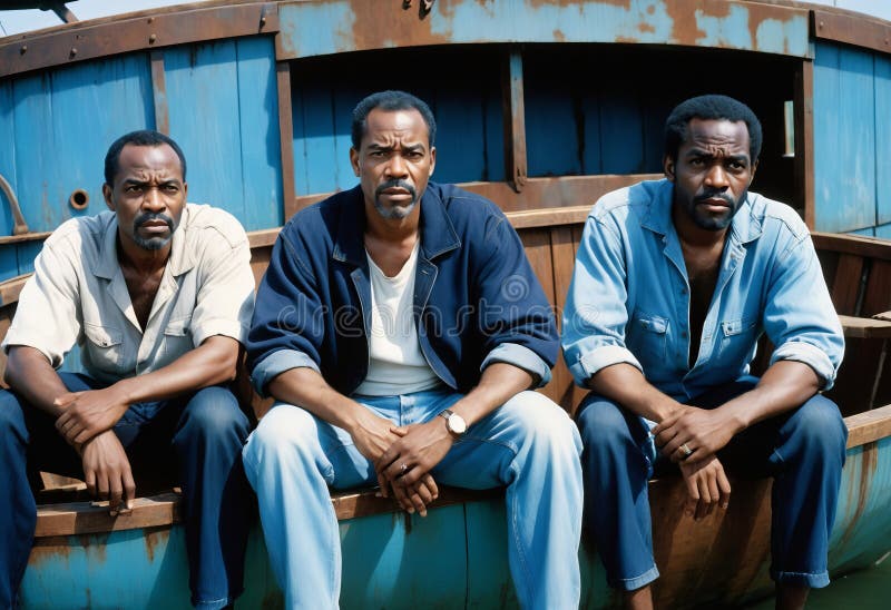 Three African Men with Serious Expressions in a Boat Stock Illustration ...