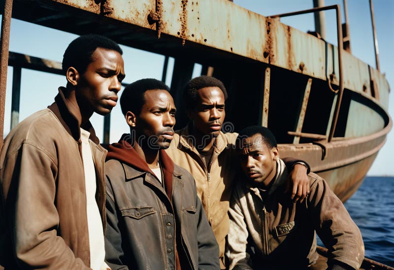 Three African Men with Serious Expressions in a Boat Stock Illustration ...