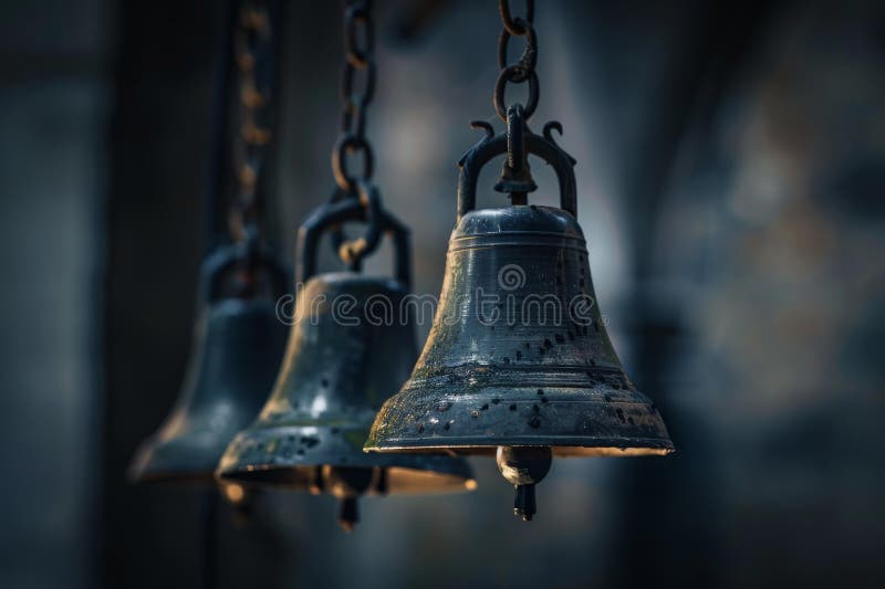 Three Aged Metal Bells Hanging on Chains with Blurred Background Stock ...