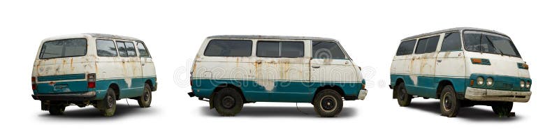3 Pack Old Dirty Rusty Abandoned Van on White Transparent Background ...