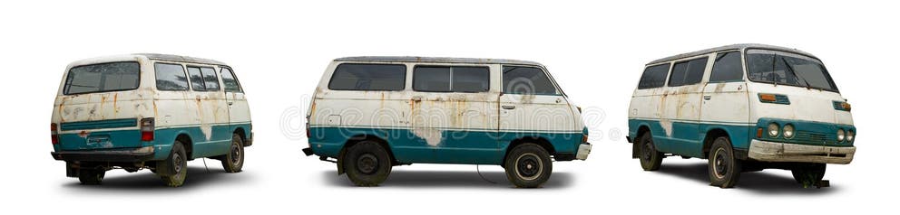 3 Pack Old Dirty Rusty Abandoned Van on White Transparent Background ...