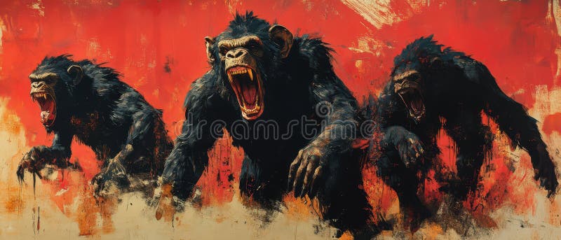 Three Aggressive Apes Charging Across a Vibrant Orange Background Stock ...