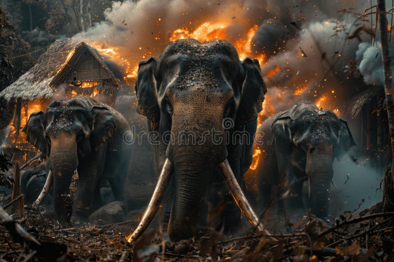 Three Aggressive Elephants with Long Tusks Emerge from Fiery Background ...