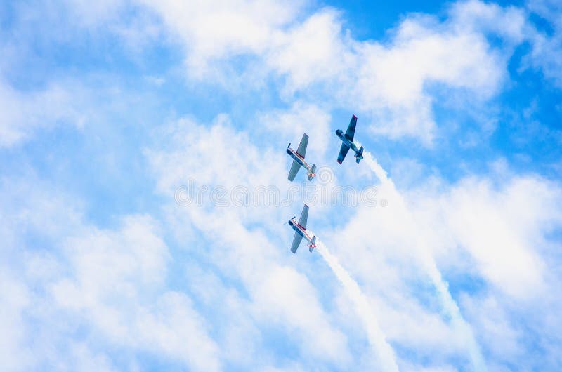 Three Airplanes in Blue Sky Editorial Stock Photo - Image of ...