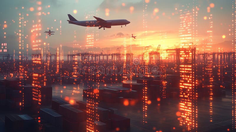 "GLOBAL CONNECTIVITY: AIRPLANES and DIGITAL TRAILS ABOVE CITY at SUNSET ...