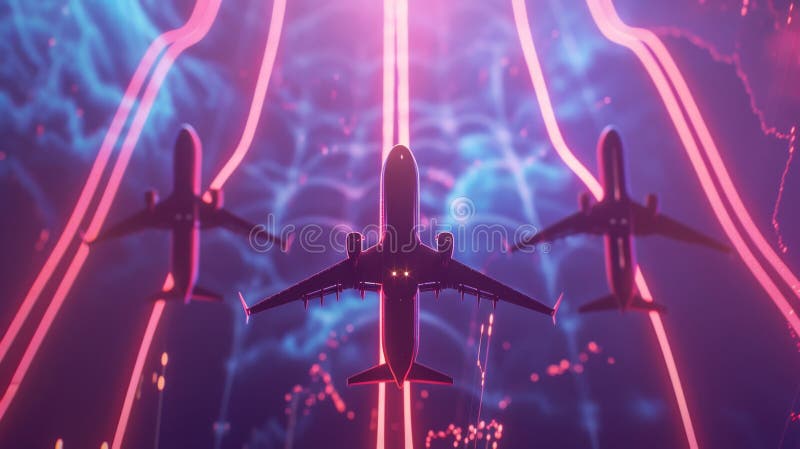Three Airplanes Flying in Neon-lit Sky with Futuristic Data Patterns ...