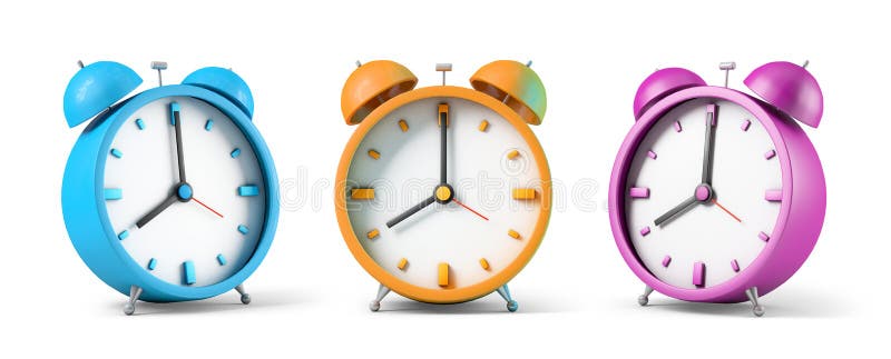 Three Alarm Clocks with Different Colors Isolated from the White ...
