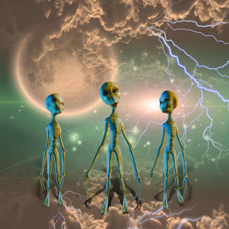 Three Aliens in Clouds stock illustration. Illustration of planet ...
