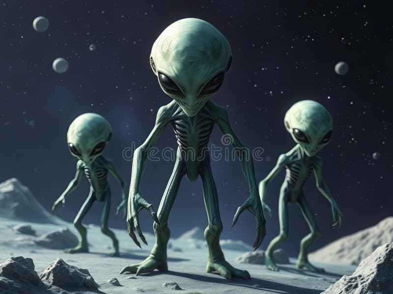 Three Aliens Walking on the Moon Stock Illustration - Illustration of ...