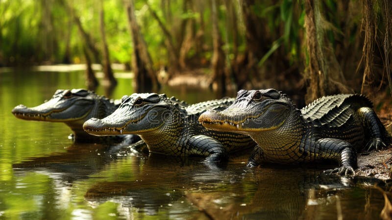 Three Alligators Relax in Water Surrounded by Lush Trees. Stock Photo ...