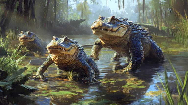 Three Alligators in a Swampy Forest Stock Illustration - Illustration ...