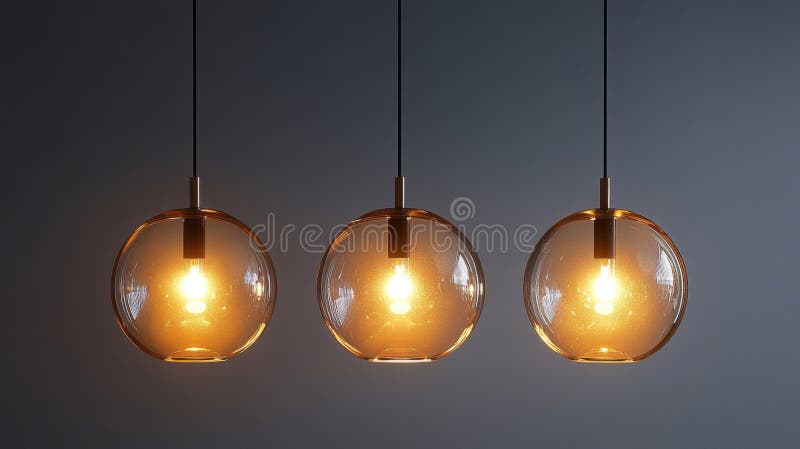 Three Amber Glass Sphere Pendant Lights Against Dark Background Stock ...