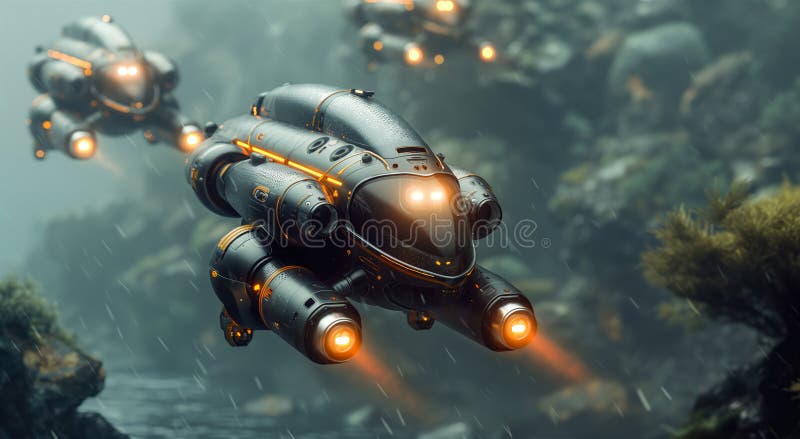 Amphibious Drones Flying Over the Sea through Mist. Generative AI Stock ...
