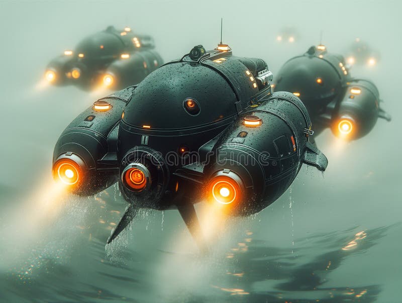 Amphibious Drones Flying Over the Sea through Mist. Generative AI Stock ...