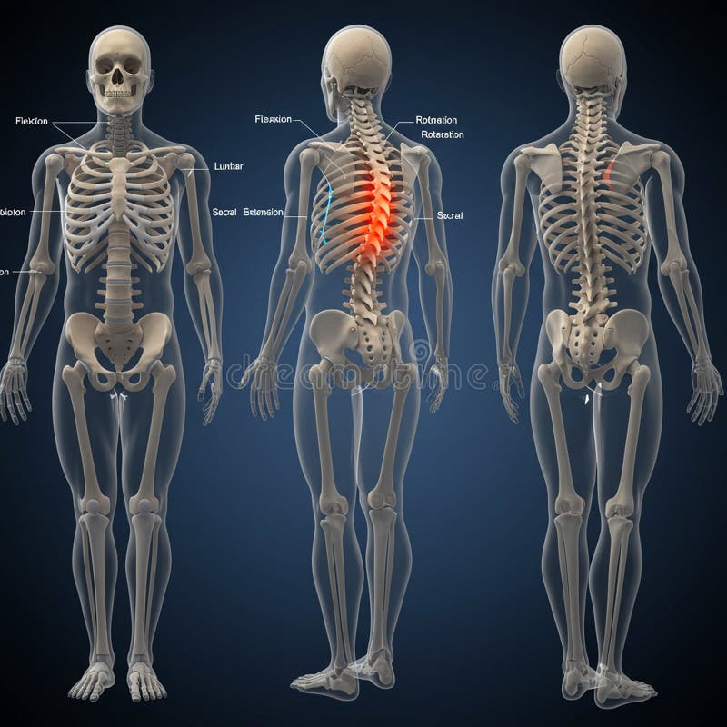 Three Anatomical Diagrams of a Human Skeleton Display Front, Side, and ...