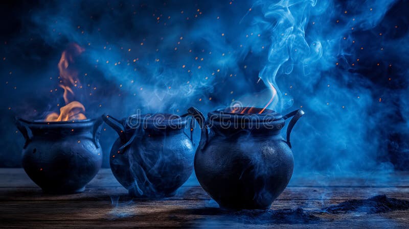 Three Ancient Cauldrons are Ablaze, with Blue Smoke Rising, Creating a ...