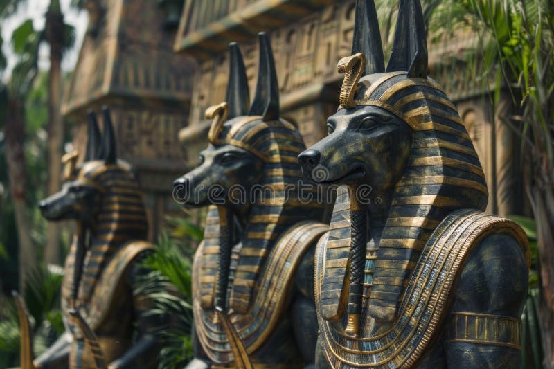 Three Ancient Egyptian God Anubis Statues Stand Guard in Front of a ...