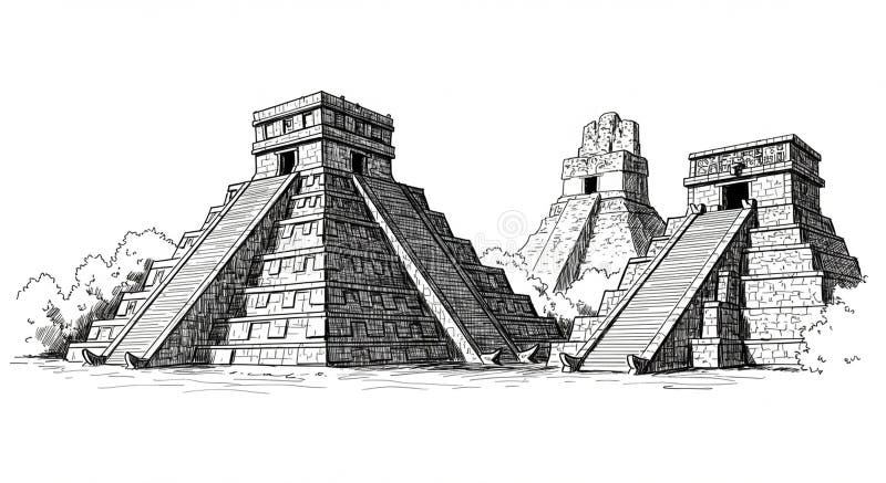 Three Ancient Mesoamerican Pyramids are Depicted in a Detailed Black ...
